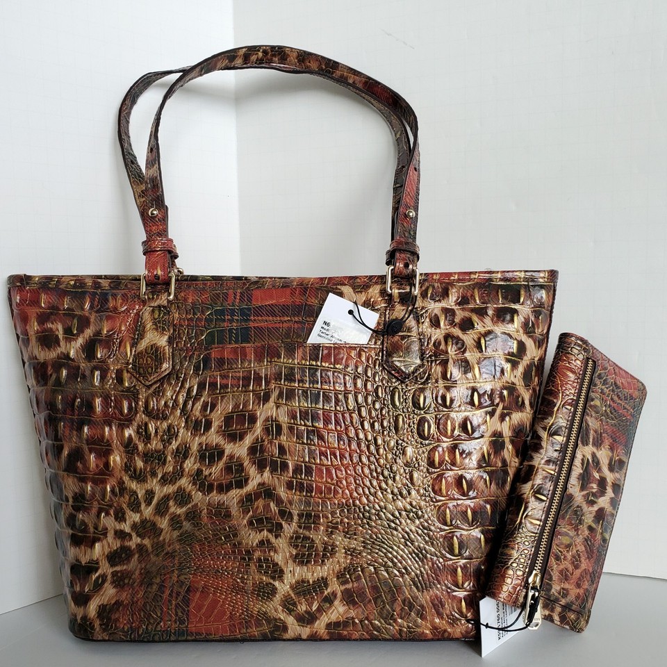 🌹Brahmin Medium Asher Tote Leopard Tartan Leather Shoulder Bag + Wallet ...