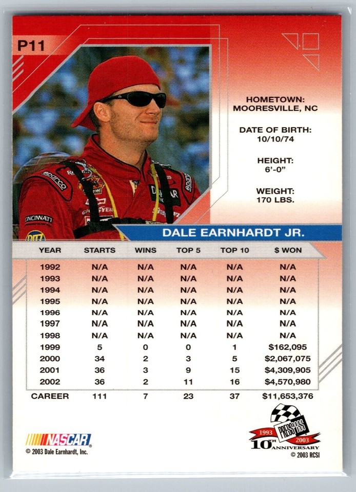 2003 Press Pass Eclipse Solar Eclipse #P11 Dale Earnhardt Jr. - HOF NM ...