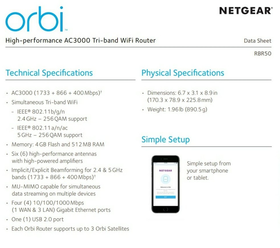 Netgear Orbi RBR50 Router AC3000 Tri-Band Mesh Wi-Fi ~ Very Good ...