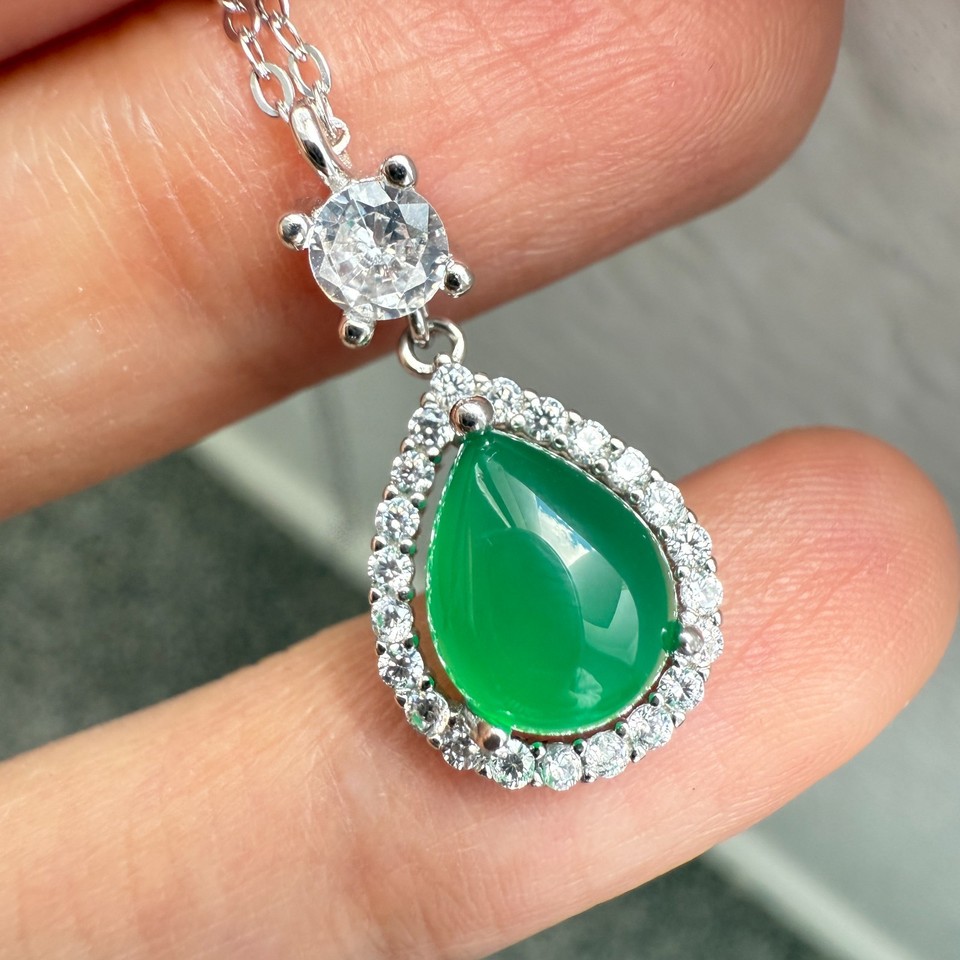 925 Sterling Silver Necklace 10x7mm Emerald Zircon Teardrop Handmade ...