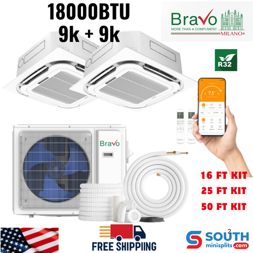 Bravo Milano 2-Zone Cassette Mini Split AC & Heat Pump, 18K BTU (9K+9K ...
