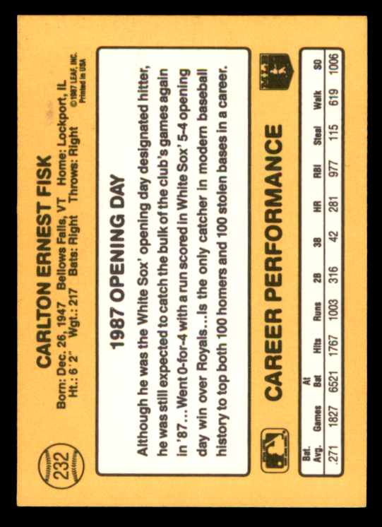 1987 Donruss Opening Day Carlton Fisk #232 Chicago White Sox | eBay