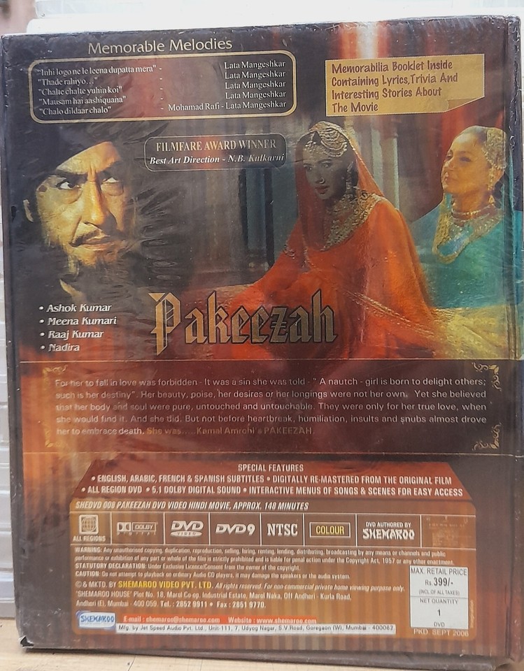 Pakeezah Raaj Kumar, Meena Kumari, Classic Bollywood Movie DVD English ...