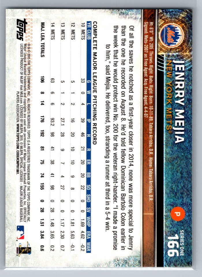 2015 Topps Baseball #166 Jenrry Mejia New York Mets | eBay
