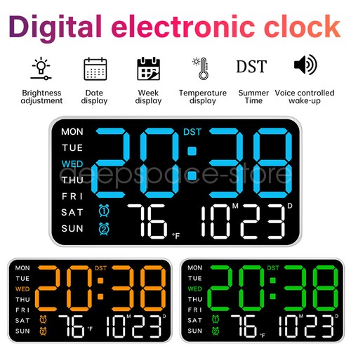 LED Digital Wall Clock Date Time Temperature Display Electronic Alarm ...