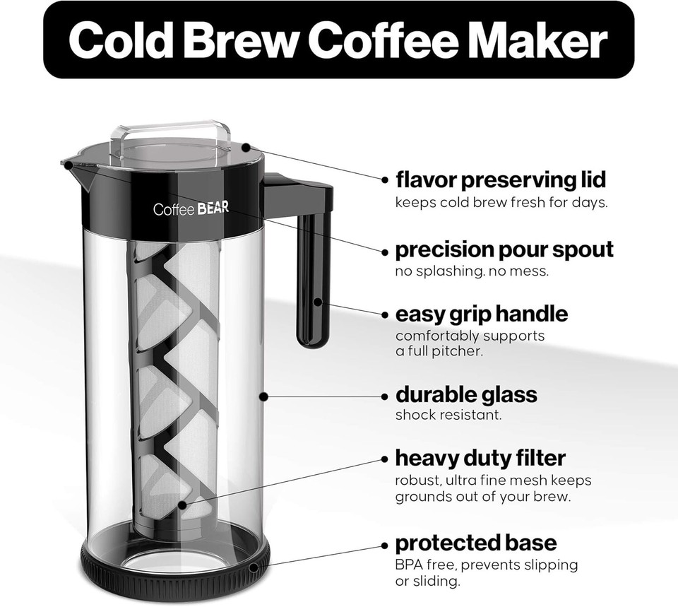 Coffee Bear Cold Brew Coffee Maker 1.3L (44OZ) Reusable Mesh Filter ...