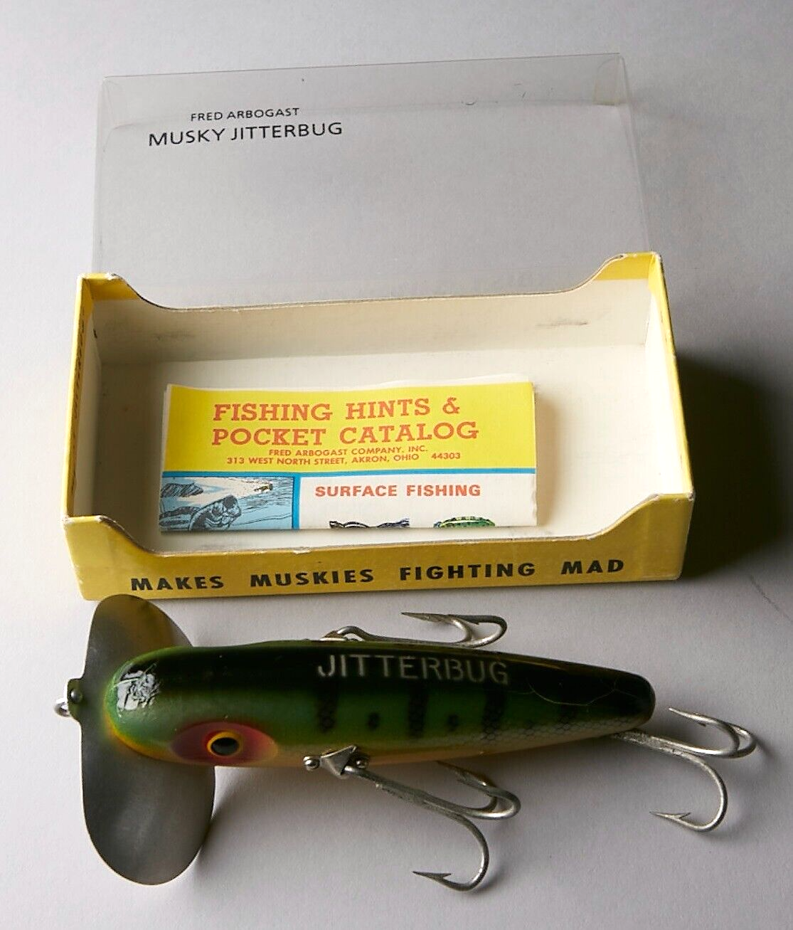 VINTAGE FRED ARBOGAST TOPWATER MUSKIE WOOD JITTERBUG PERCH W/ BOX ...