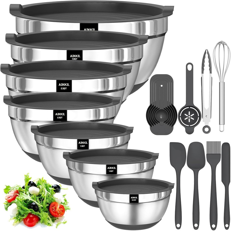 Stainless Steel Mixing Bowls Set with Airtight Lids 20 pcs Kitchen ...