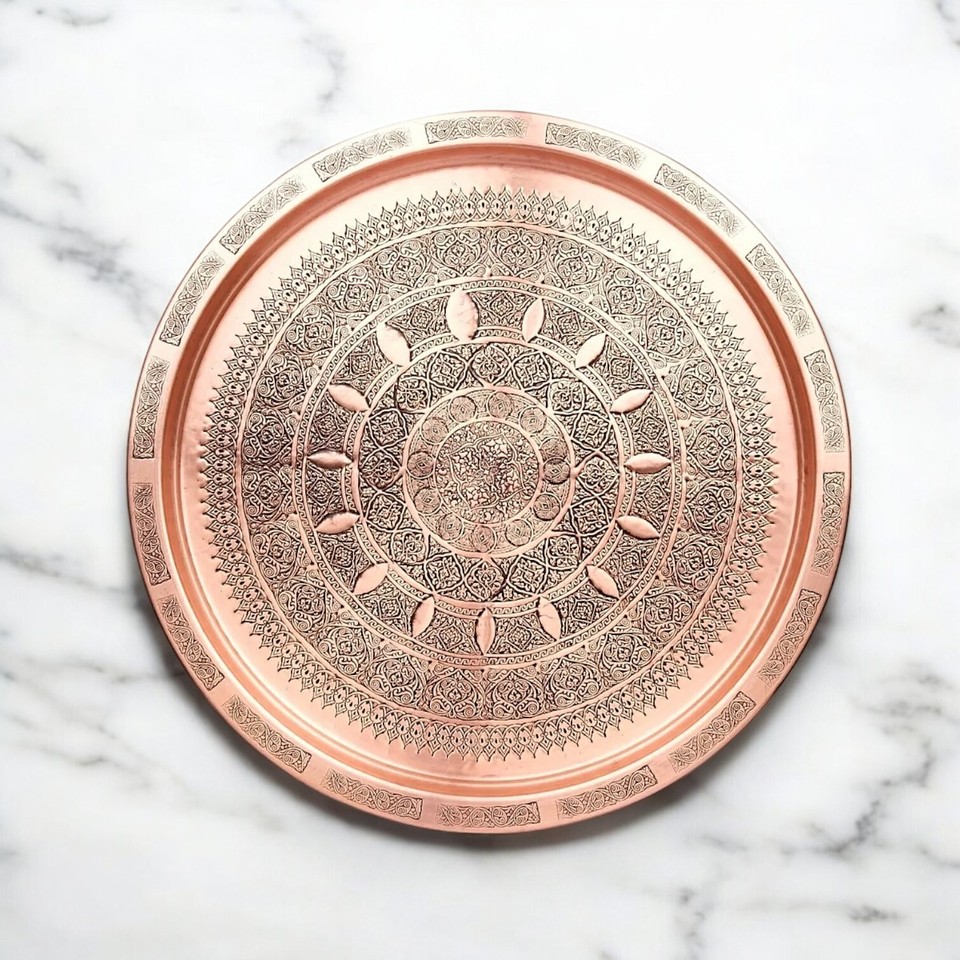 27.5in Turkish Copper Tray, Engraved Round Serving Tray, Handmade ...