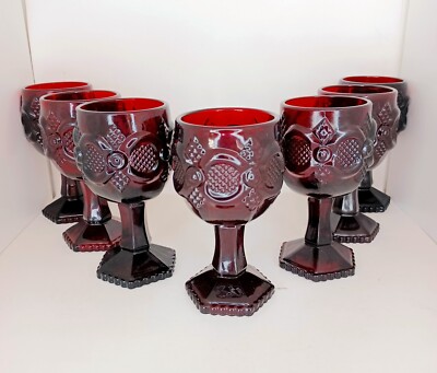 7 X Vintage Avon Cape Cod Ruby Red Cranberry Glass Goblets Wine Glasses ...