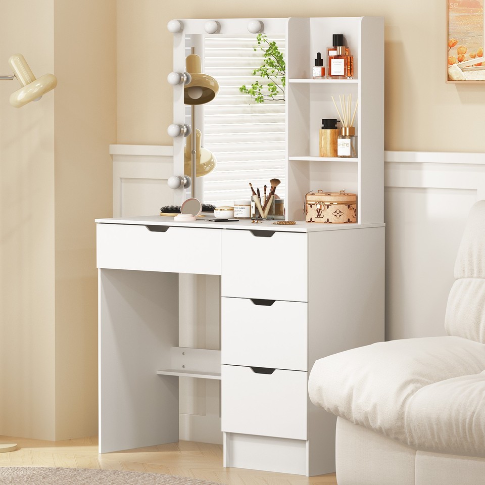 Small White Dressing Table Vanity Makeup Desk Set With LED Light Mirror ...
