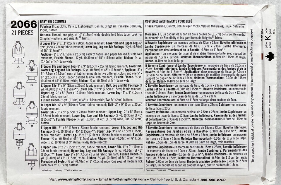 2011 Simplicity Sewing Pattern 2066 Baby Bibs 6 Styles Girls Boys UNCUT ...