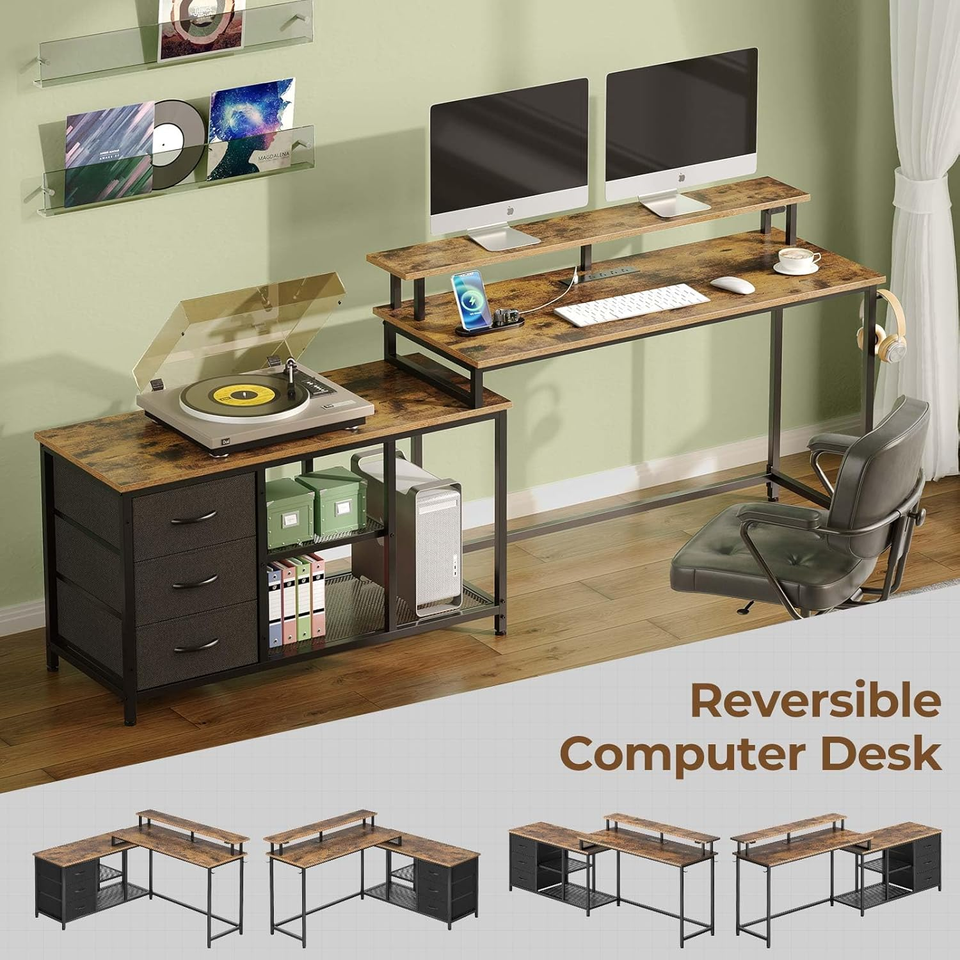 L Shaped Computer Desk with Drawers, Reversible Gaming Desk with LED ...