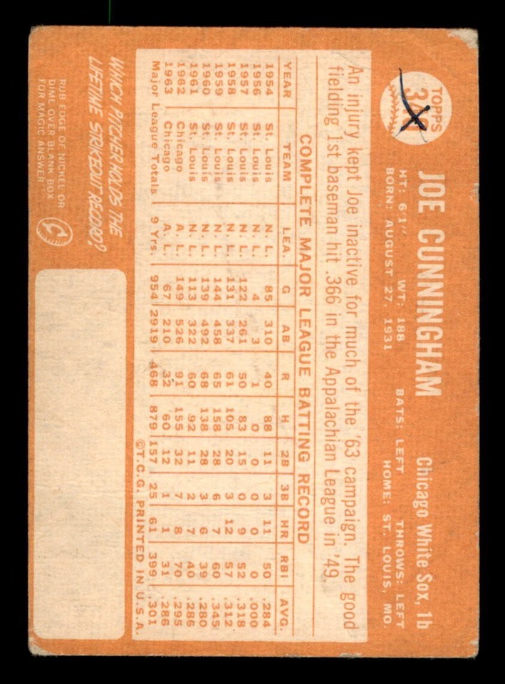1964 Topps Baseball #340 Joe Cunningham PR *d2 | eBay
