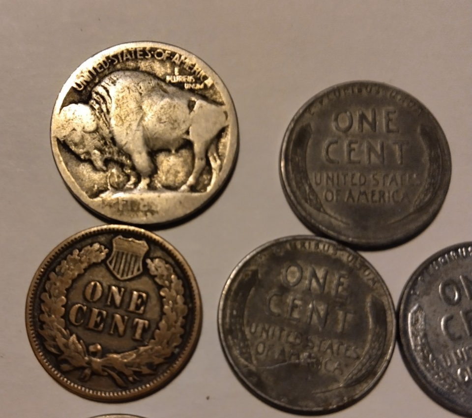 8 COIN LOT ~ Indian Head Penny ~ Buff Nickel ~ Lib V Nickel ~ Steel ...