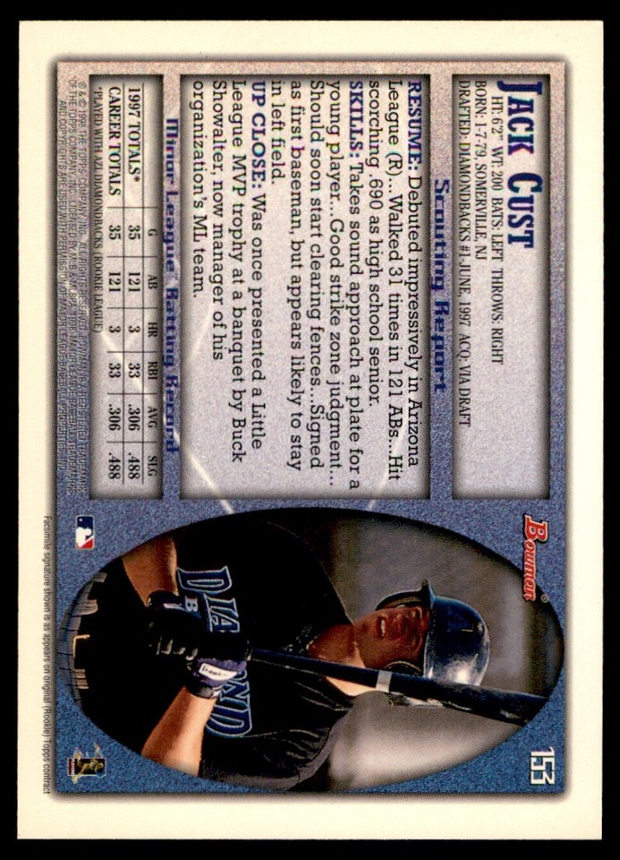 1998 Mint - Bowman - Jack Cust Rookie Arizona Diamondbacks #153 | eBay