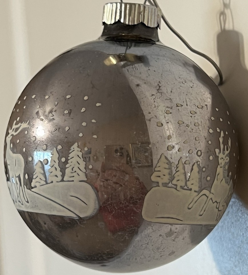 VTG 1950s Shiny Brite Ball Ornament Blue Silver Deer in Snow Trees ...