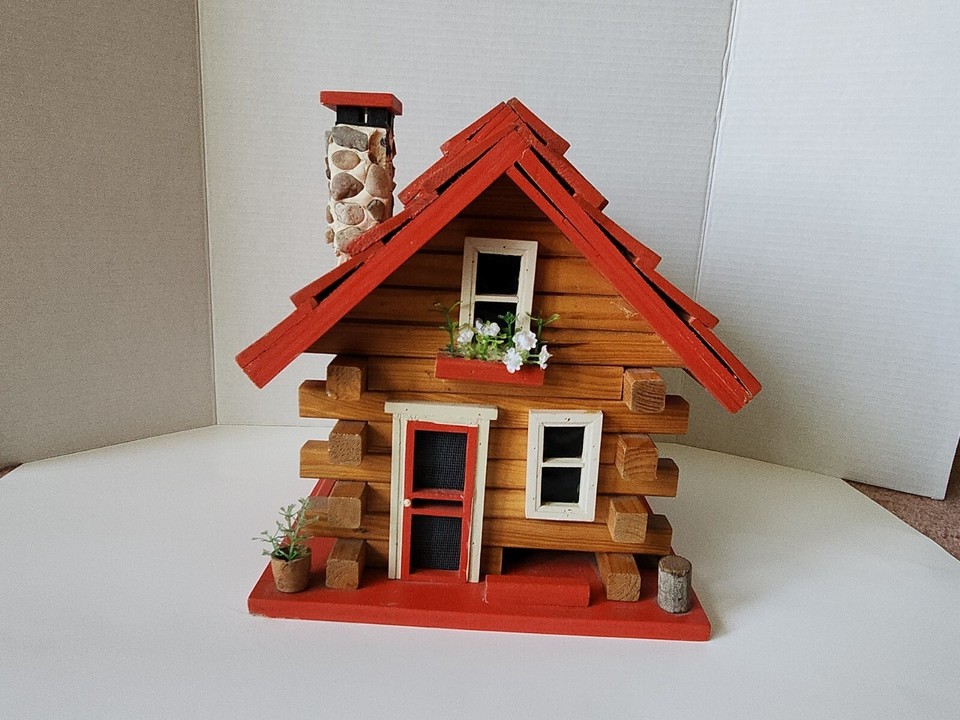 Vintage Wooden Log Cabin Bird Feeder Birdhouse Red Yard Porch Outdoor ...