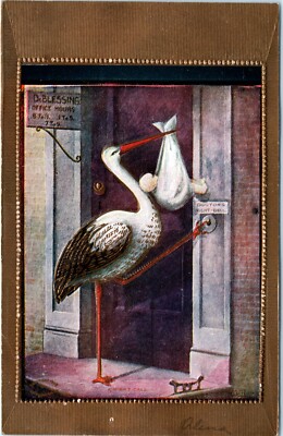 ARTIST SIGNED 1910s POSTCARD STORK NIGHT CALL SIGNED WALL EMBOSSED G2 ...