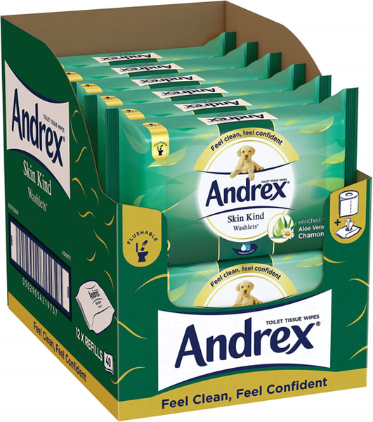 Andrex Skin Kind Washlets with Aloe Vera and Chamomile Scent - 12 Pack ...