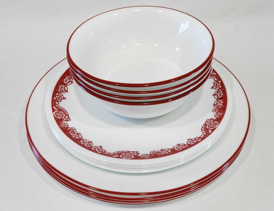 ️ 12-pc Corelle RED ROSE PARADE Dinnerware Set CHINESE New Year Flower ...