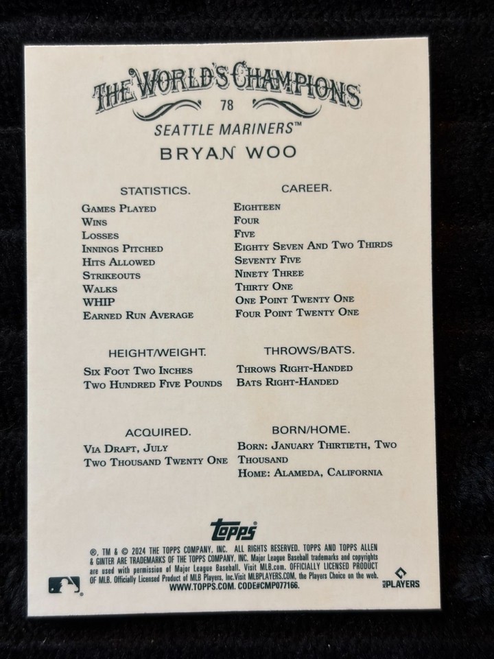 2024 Topps Allen & Ginter Bryan Woo #78 RC Baseball Card Mariners ...