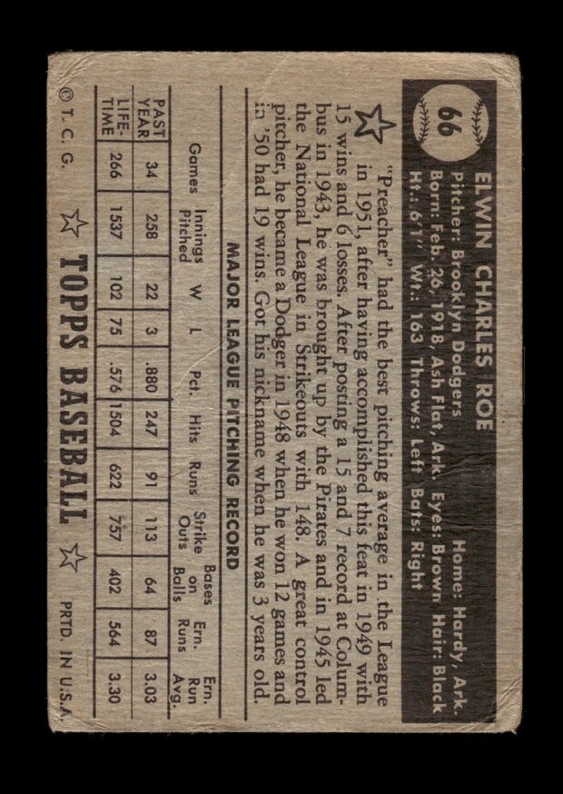 1952 Topps Set-Break # 66 Preacher Roe LOW GRADE (filler) (black back ...