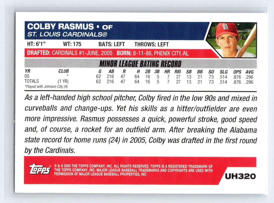 COLBY RASMUS 2005 Topps Rookie Draft Picks Baseball Card #UH320 SL ...