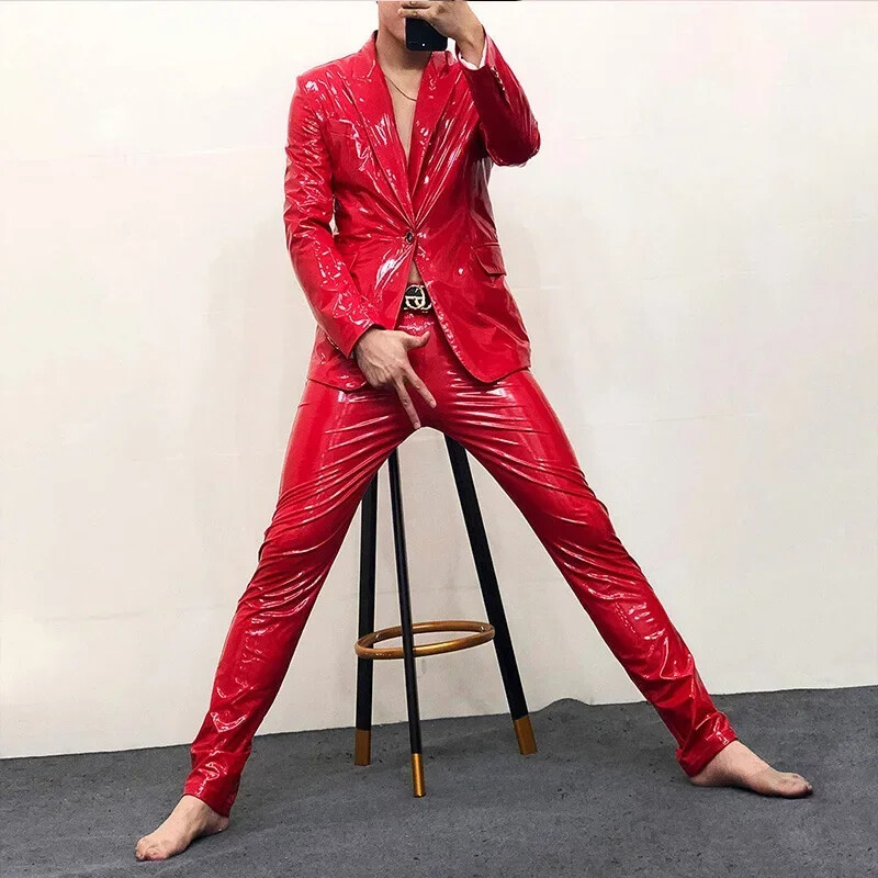 Men's Leather Long Sleeve Suits Jacket Male Slim PVC Overcoat Business ...