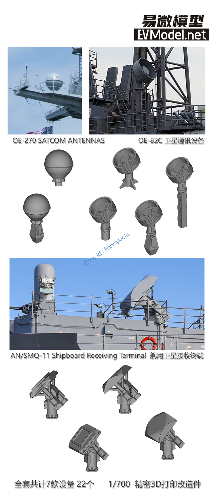EVMODEL P077 1/700 OE-82C OE-270 SATCOM 、Shipboard Receiving Terminal ...