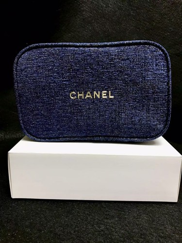 CHANEL Beaute Cosmetic Makeup Bag Pouch Clutch Sparkling NAVY GOLD w ...