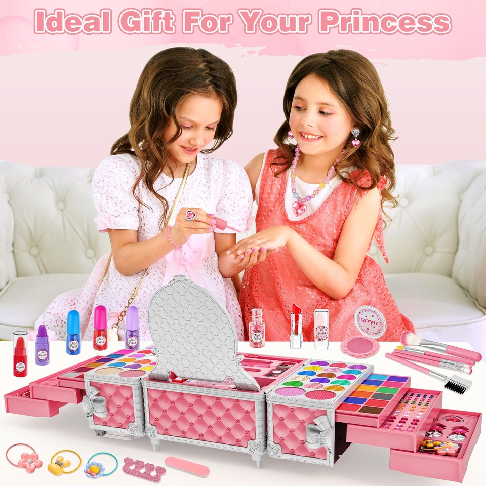 99 Pcs Kids Makeup Kit for Girls Princess Toys Real Washable Cosmetics ...