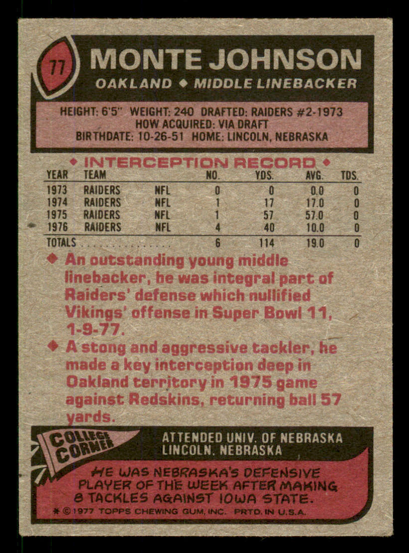 1977 Topps Monte Johnson # 77 Oakland Raiders | eBay