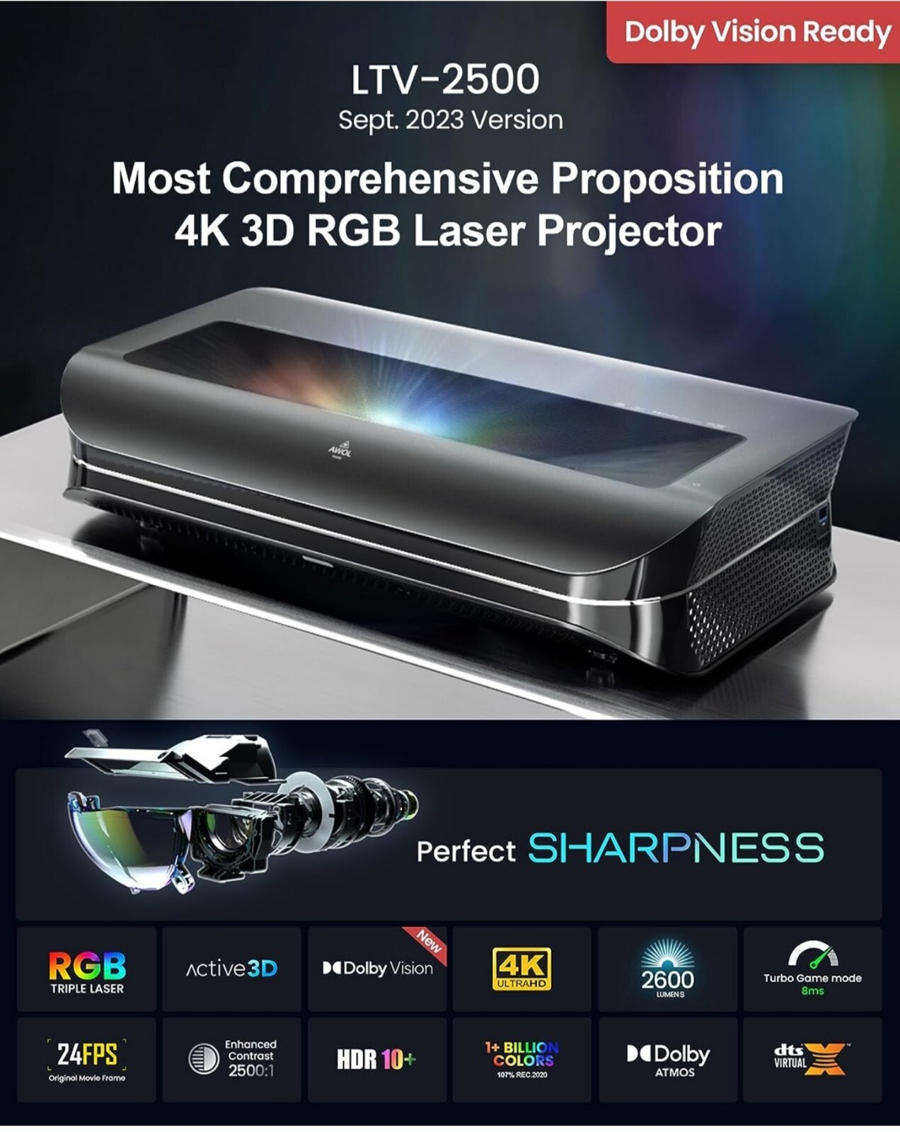 AWOL VISION LTV-2500 4K UHD Ultra Short Throw Triple Laser Projector ...