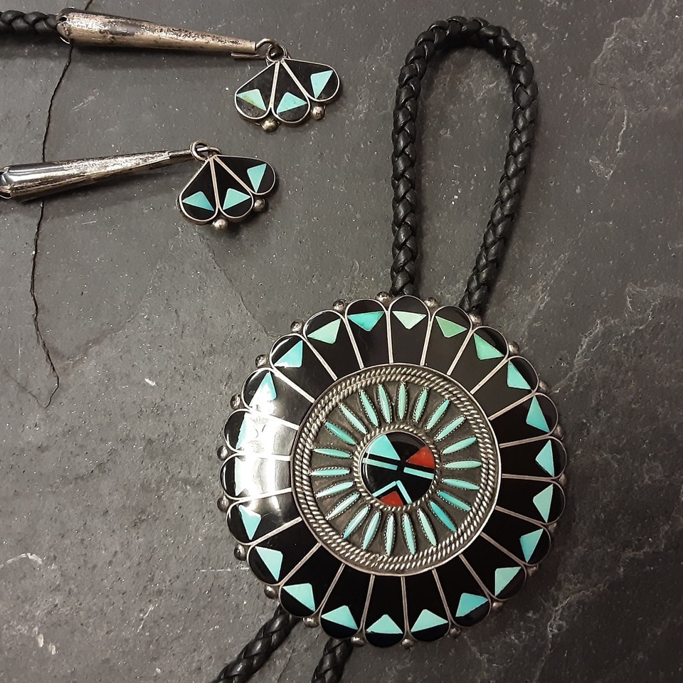 Benjamin and Shirley Tzuni, Zuni Inlay Sunface Bolo Tie with ...