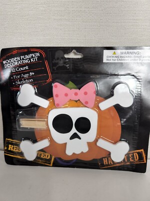 New 12 Piece Skeleton Skull Wooden Pumpkin Push-In Decorating Kit ...