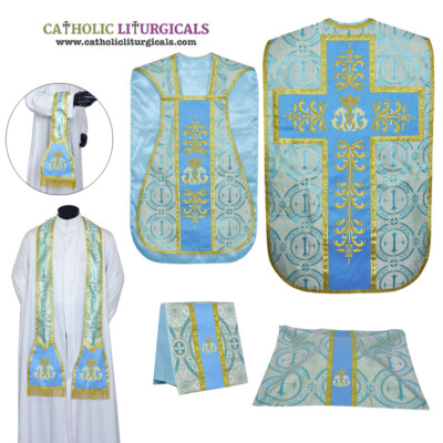 New Metallic BLUE Roman Chasuble Fiddleback Vestment 5pc set,AM AVE ...