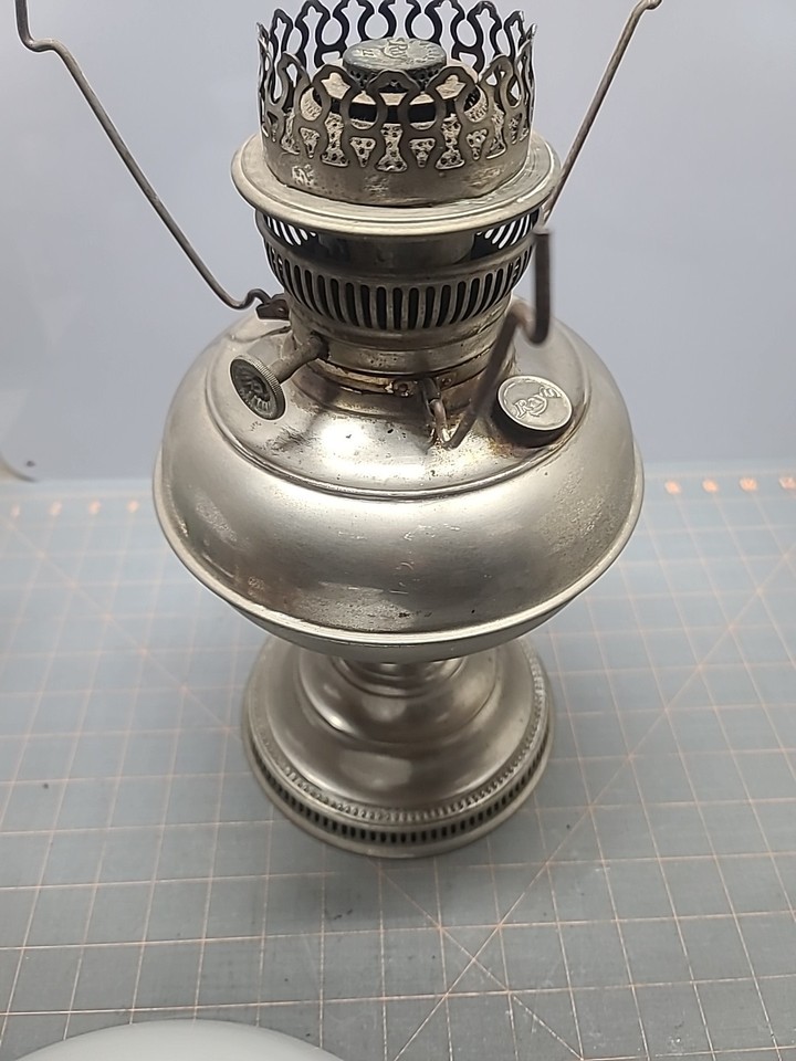 Rayo Oil Lamp Silver Tone Milk Glass Dome Shade Tall Chimney Tarnished ...