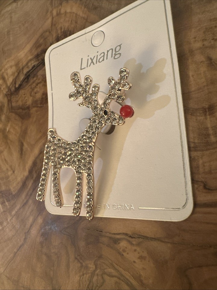 Lixiang Gold Tone Rudolf The Red Nose Reindeer Pin Brooch Pave ...