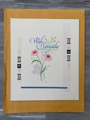 WITH SYMPATHY Pink Flowers & Lettering 7.5x9" Greeting Card Art 12033 w ...