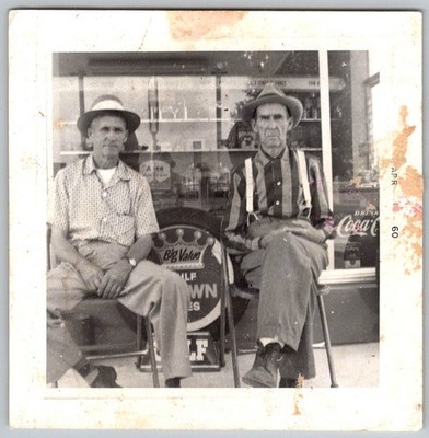 Vtg B&W Snapshot Two Men In Hats Sitting Outside Store Coca Cola Sign ...