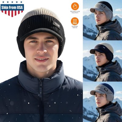 Winter Brim Hat w/ Ear Flaps Warm Beanie Ear Protection Knitted Cap ...