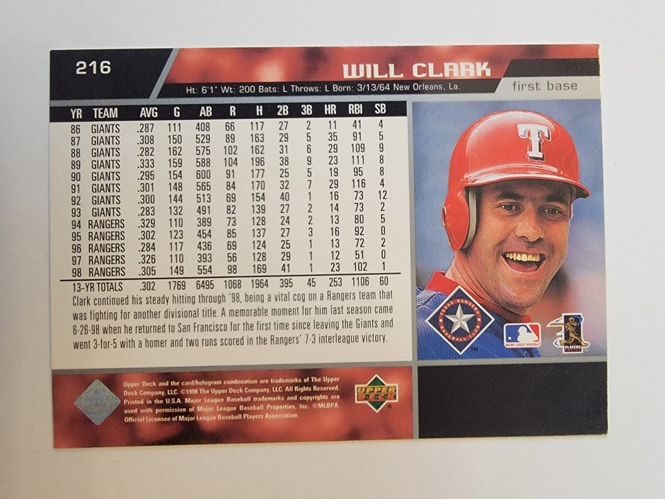 1999 Upper Deck - #216 Will Clark Texas Rangers | eBay