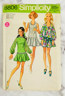 Vintage 1970 Simplicity Sewing Pattern #8806 Dress Size Jr. Teen 13-14 ...
