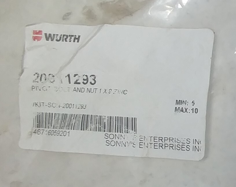 NEW Wurth Pivot Bolt and Nut, 1 in x 9 in, Zinc-Plated Steel | eBay
