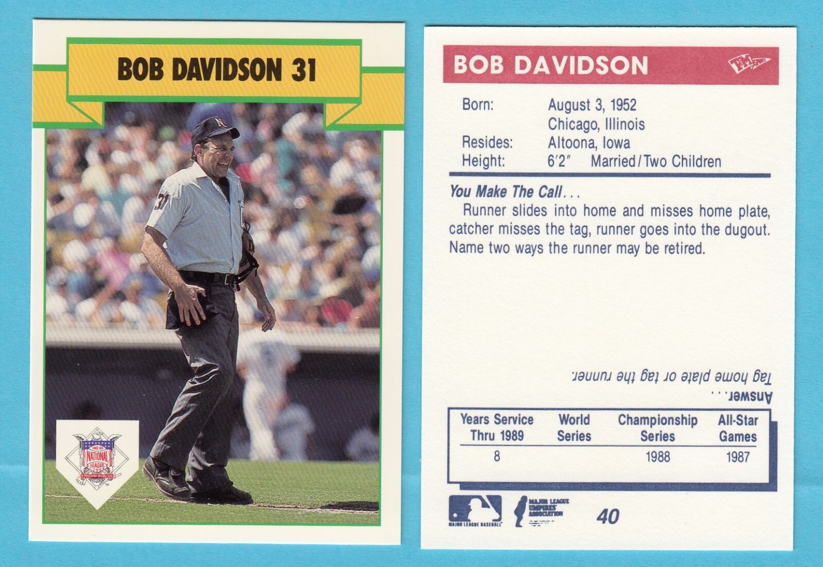 1990 Baseball Umpire card # 40 Bob Davidson National League | eBay