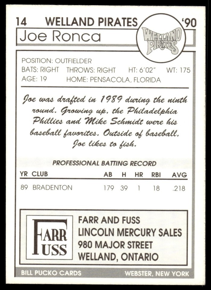 1990 Pucko Welland Pirates Joe Ronca Welland Pirates #14 | eBay