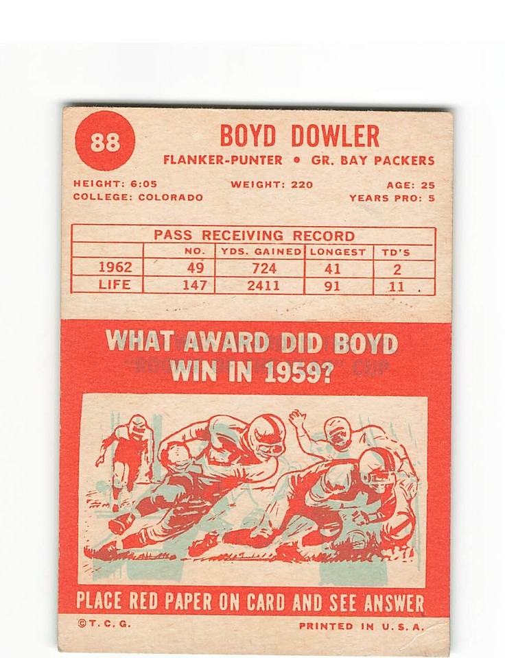 1963 TOPPS FOOTBALL BOYD DOWLER #88 GREEN BAY PACKERS MID GRADE LOOKS ...