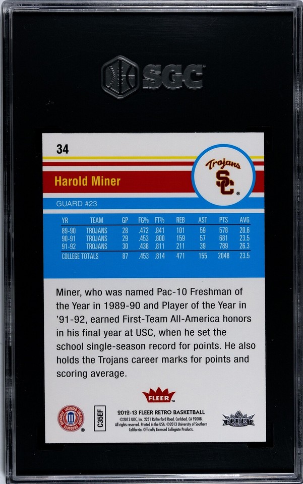2012-13 Fleer Retro Harold Miner Baby Jordan USC #34 Auto Signed SGC 10 ...