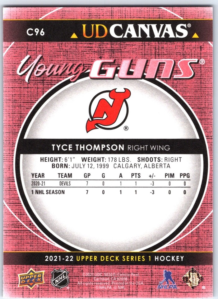 21-22 UPPER DECK YOUNG GUNS CANVAS - TYCE THOMPSON RC #C96 NEW JERSEY ...